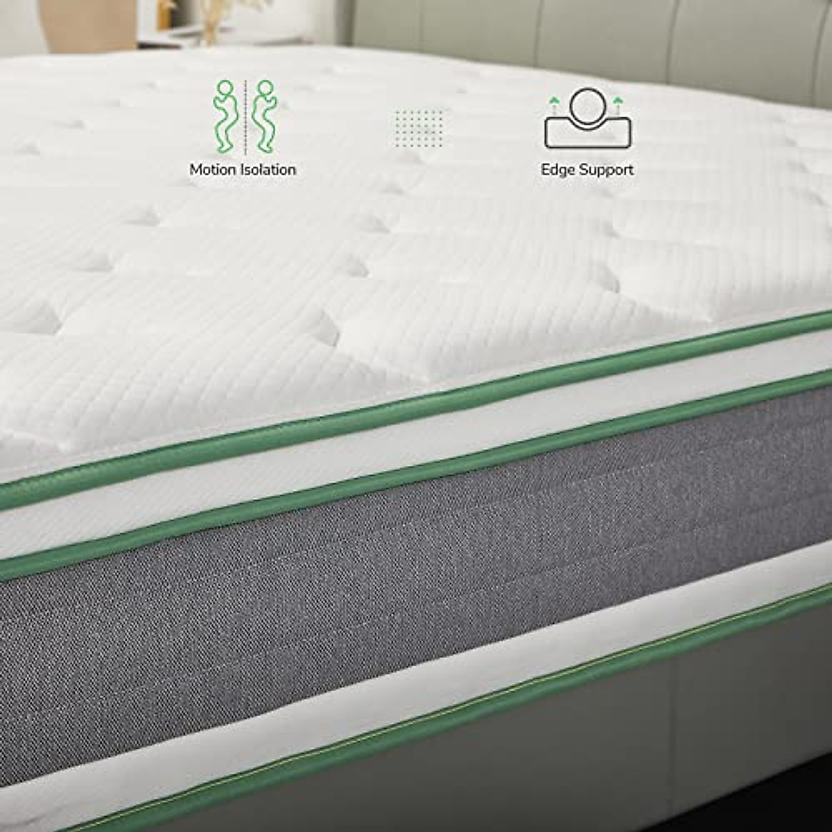 Novilla Queen Mattress 12 Inch Hybrid Mattress in a Box, Innerspring Mattress with Gel Memory Foam for a Cool Sleep, Pressure Relief, Medium Firm Mattress with Pillow Top, Groove,White&Grey&Green