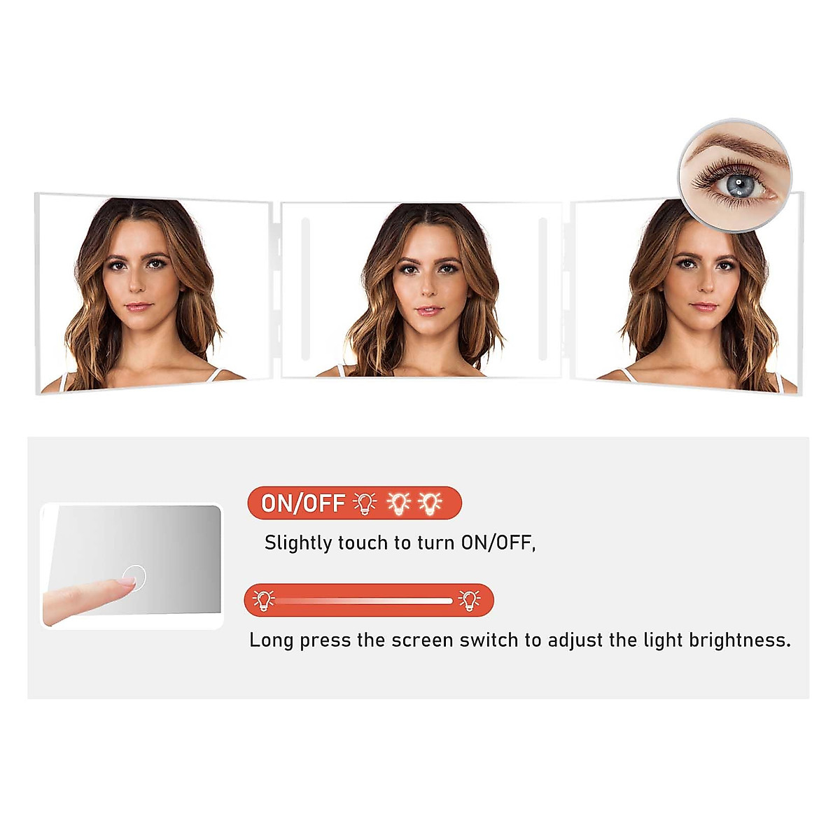 Essbhach 3 Way Mirror for Hair Cutting, 360 Barber Mirror for Women, Barber Supplies Shower 28 LED Mirror, Height Adjustable Hooks, White with LED