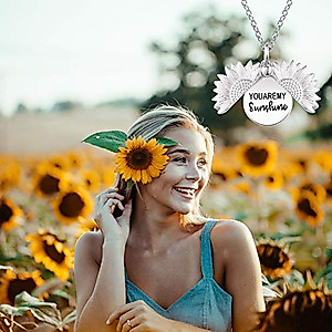 Jinlou You are My Sunshine Stamped Sunflower necklace Locket 925 Sterling Silver Pendant Necklace for Women Teen (silver Sunflower necklace)
