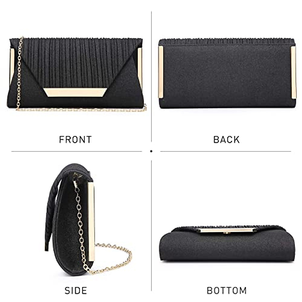 Dasein Women Glitter Envelope Evening Clutch Bags Formal Party Purses Wedding Bag Chain Cocktail Prom Bag (Black)