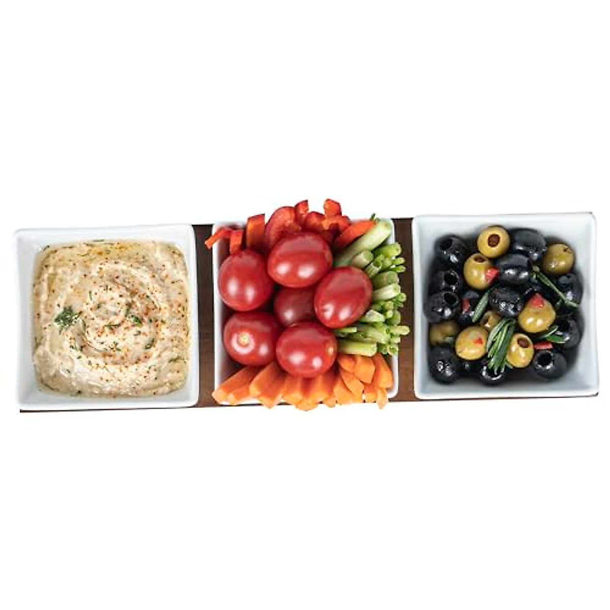 Restaurantware 15 Ounce Bowl Set with Tray - 1 Dishwashable Serving Set Includes 3 Porcelain Bowls And 1 Bamboo Tray Durable White Porcelain And Bamboo Bowl And Tray Set Reusable Freezable