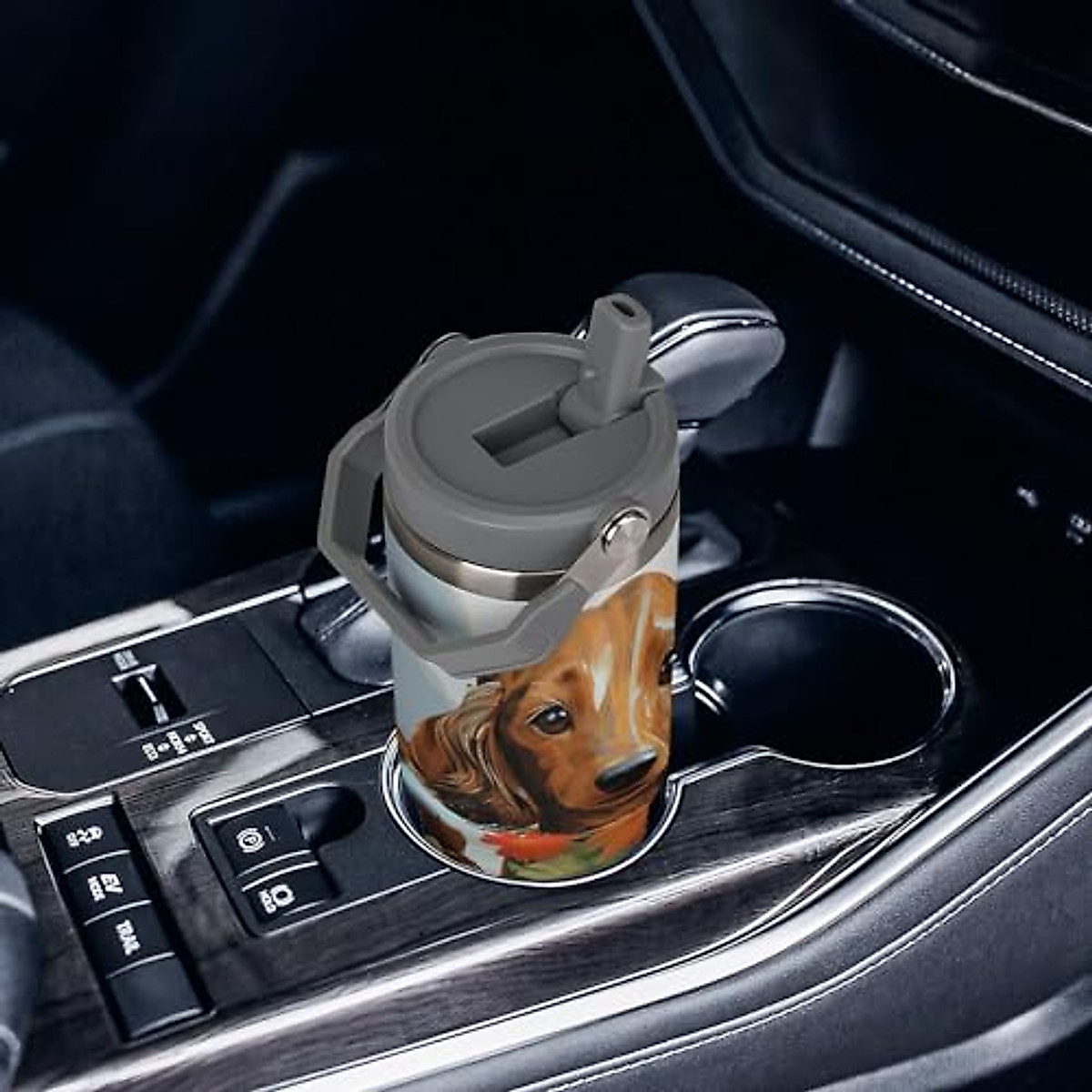 30oz Stainless Steel Insulated Tumbler with Flip Lid & Straw, Leakproof Travel Mug for Car, Dachshund Tropical Painting Art Double Wall Vacuum Thermal Coffee Cup with Handle, Spill-Proof Design for Ho