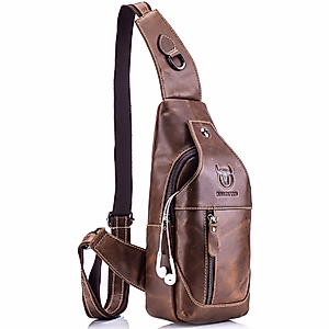 BULLCAPTAIN Genuine Leather Men Sling Crossbody Bag Multi-pocket Chest Bag Casual Travel Hiking Sling Backpack with Earphone Hole (Brown)