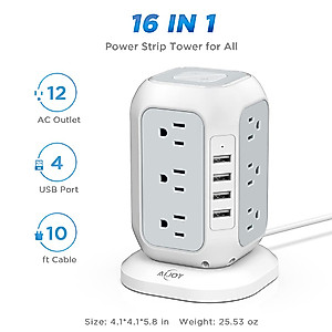 Power Strip Tower with USB Ports-AiJoy Surge Protector with 12 AC Outlet and 4 USB Ports, 10 FT Extension Cord, USB Charging Station with Overload Protection, Living Room, Office, College Dorm