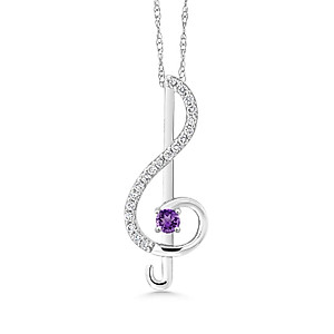 Gem Stone King 10K Gold 3MM Round Gemstone Birthstone and White Lab Grown Diamond Treble Clef Pendant Necklace Music Note Jewelry Gift For Women By Keren Hanan