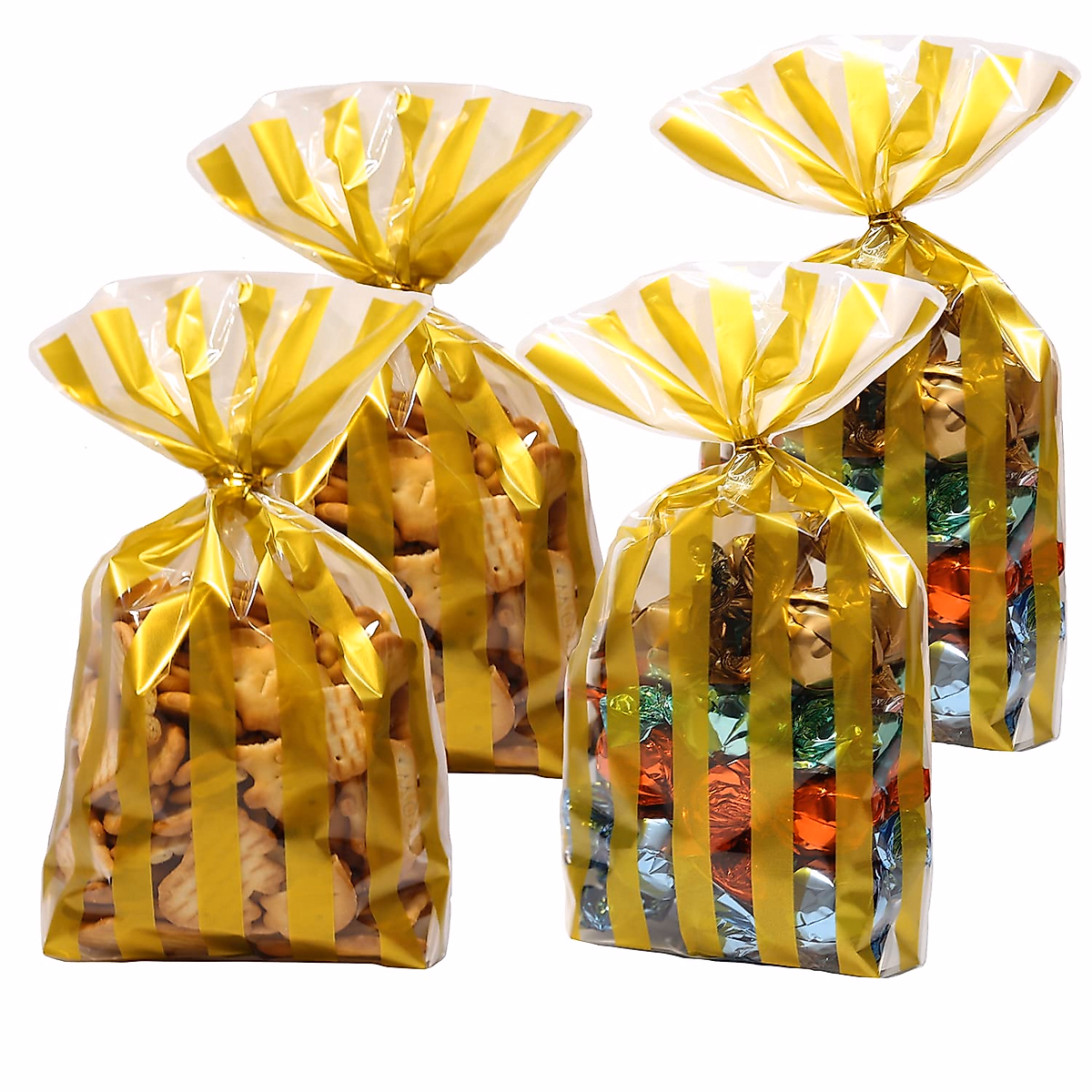 HOPEMT (200 pcs)100 pcs Gold Stripes Translucent Plastic Bags/Cellophane Bags with 100 pcs Gold Twist Ties for Cookie,Cake,Chocolate,Candy,Snack Wrapping Good for Bakery Party