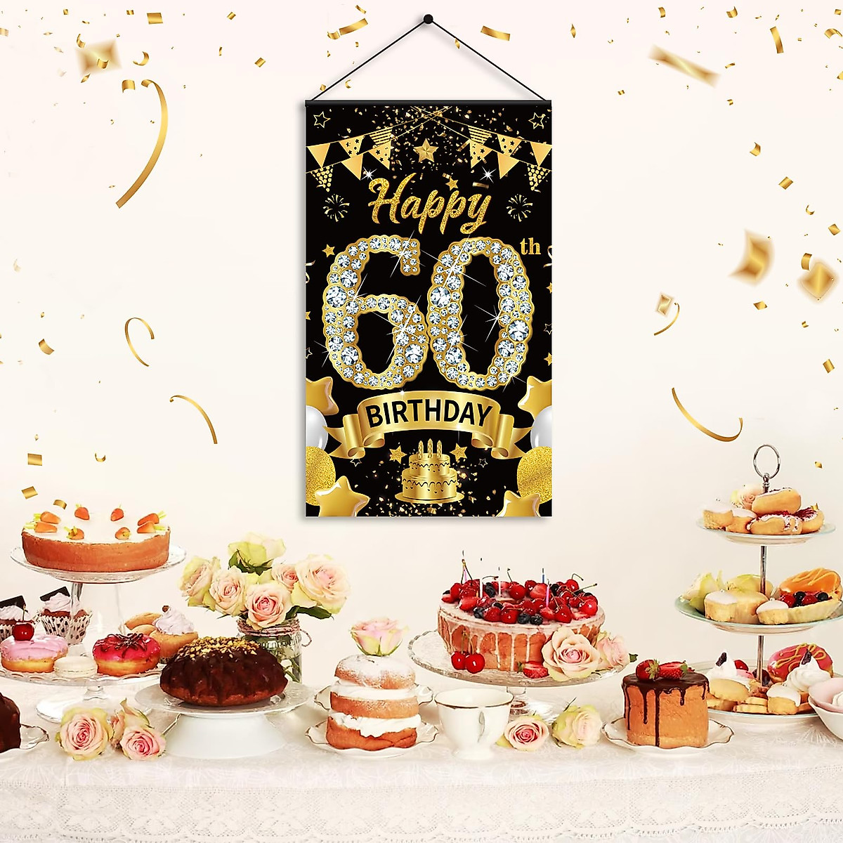 60th Birthday Decorations Door Banner Sign for Men Women, Happy 60 Birthday Door Hanging Party Supplies, Black Gold Sixty Year Old Bday Wall Hanger Decor