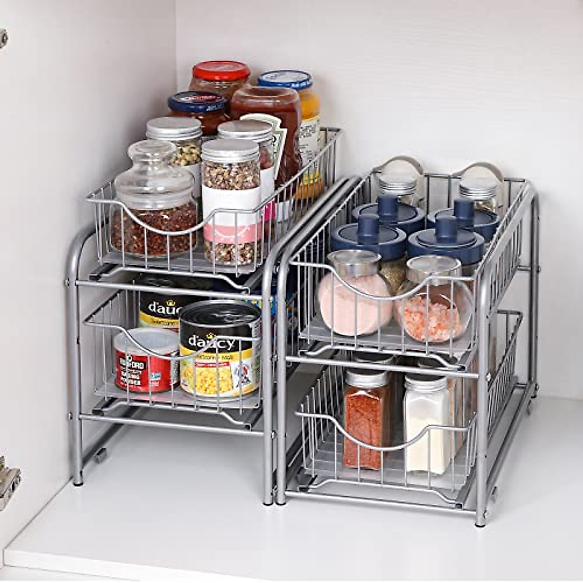 2 Pack - Stackable 2-Tier Under Sink Cabinet Organizer with Sliding Storage Drawer, Pull Out Cabinets Organizer Shelf Baskets, for Kitchen, Pantry, Under The Sink, Cabinet, Bathroom, Silver