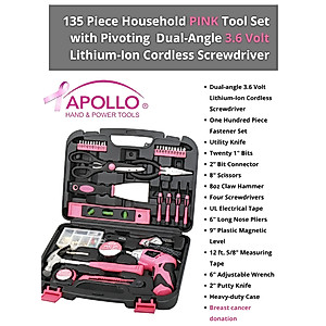 135 Piece Household Tool Kit Pink with Pivoting Dual-Angle 3.6 V Lithium-Ion Cordless Screwdriver - DT0773N1