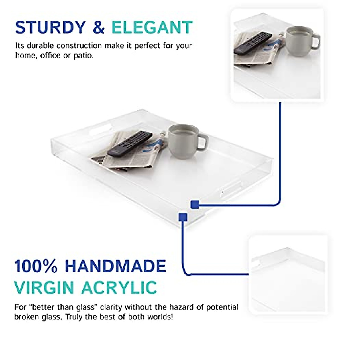 Huang Acrylic Clear Premium Rectangle Acrylic Tray with Handles 23" x 16" x 2.25" for Serving, Decor, Coffee Tables