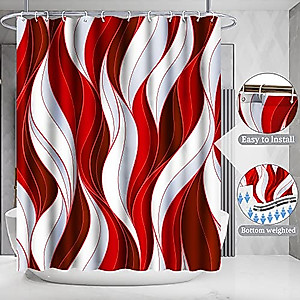 Poedist 4 Pcs Bathroom Shower Curtain Set,Red Stripe Bathroom Decor Trendy Style Shower Curtain Sets with Rugs(Bath Mat,U Shape and Toilet Lid Cover Mat) and 12 Hooks