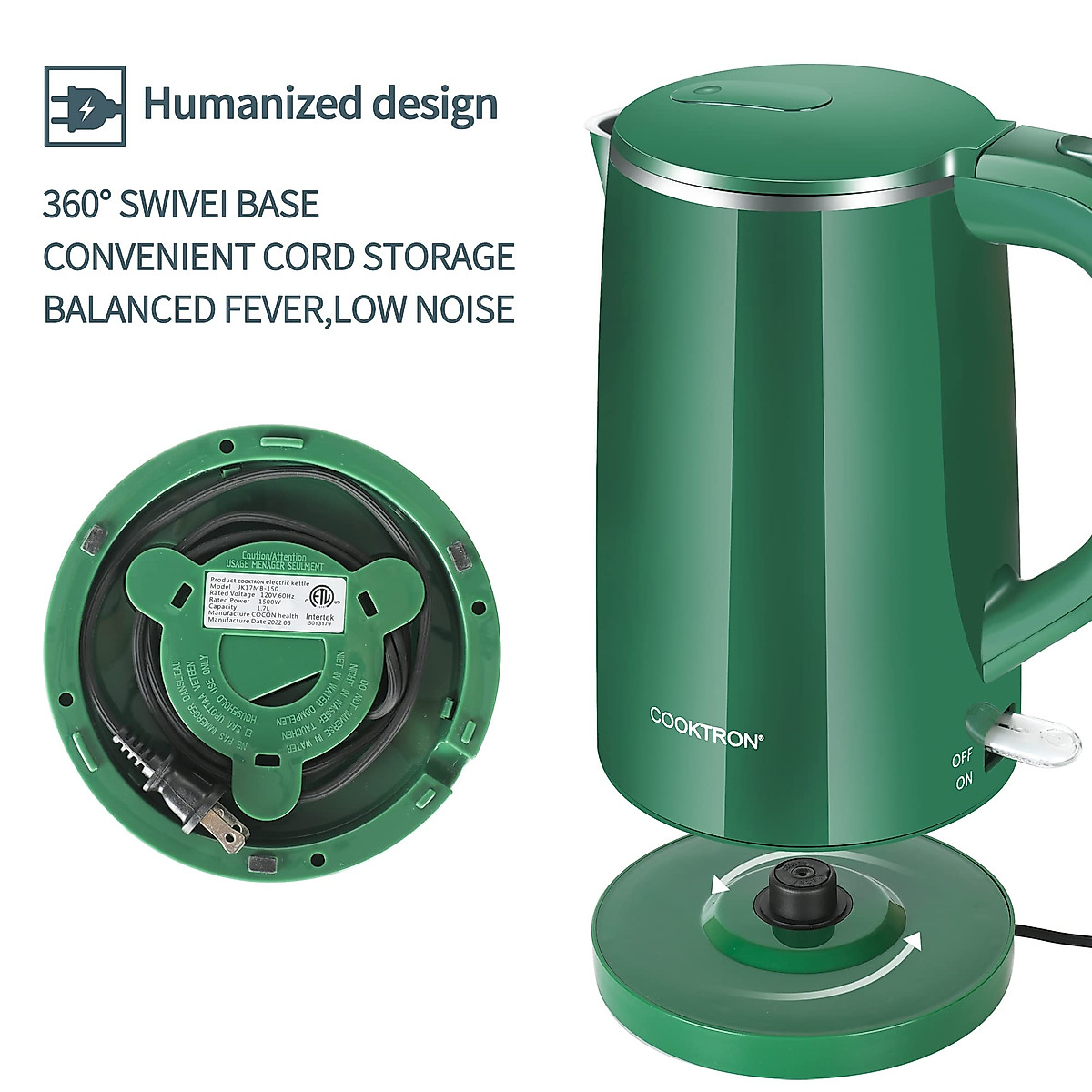 COOKTRON 1.7L Electric Kettle Quiet, Double Wall Hot Water Boiler BPA-Free, Quiet Boil and Cool Touch Tea Kettle, Cordless with Auto Shut-Off & Boil Dry Protection, 1500W Fast Boiling, dark green