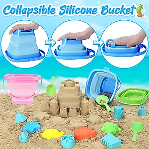 RACPNEL Collapsible Foldable Beach Sand Buckets and Shovels Set - Beach Toys for Kids with Mesh Bag & Sand Molds, Silicone Beach Sand Pails for Travel, Kids and Toddlers