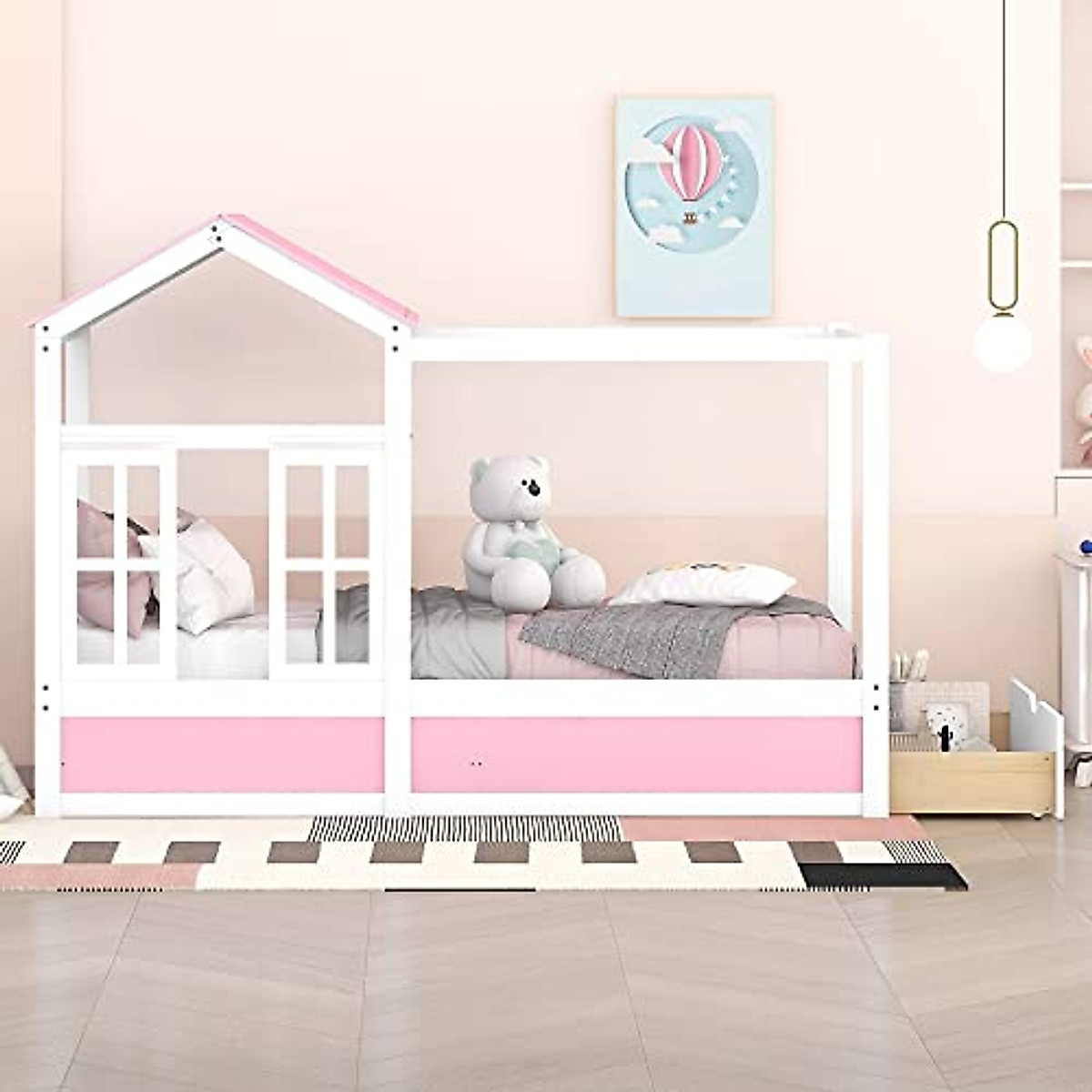 Woanke Twin Size House Bed for Kids, Montessori Playhouse Bed, Solid Wood Twin Platform Bed Frame with Storage Drawers, Roof and Window, Pink