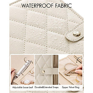 Vlando Travel Jewelry Organizer Case, Jewelry Storage Book Ring Binder with Clear Zipper Velvet Jewelry Pouches Bags for Rings,Necklace,Earrings,Christmas Gifts for Women-Cream White