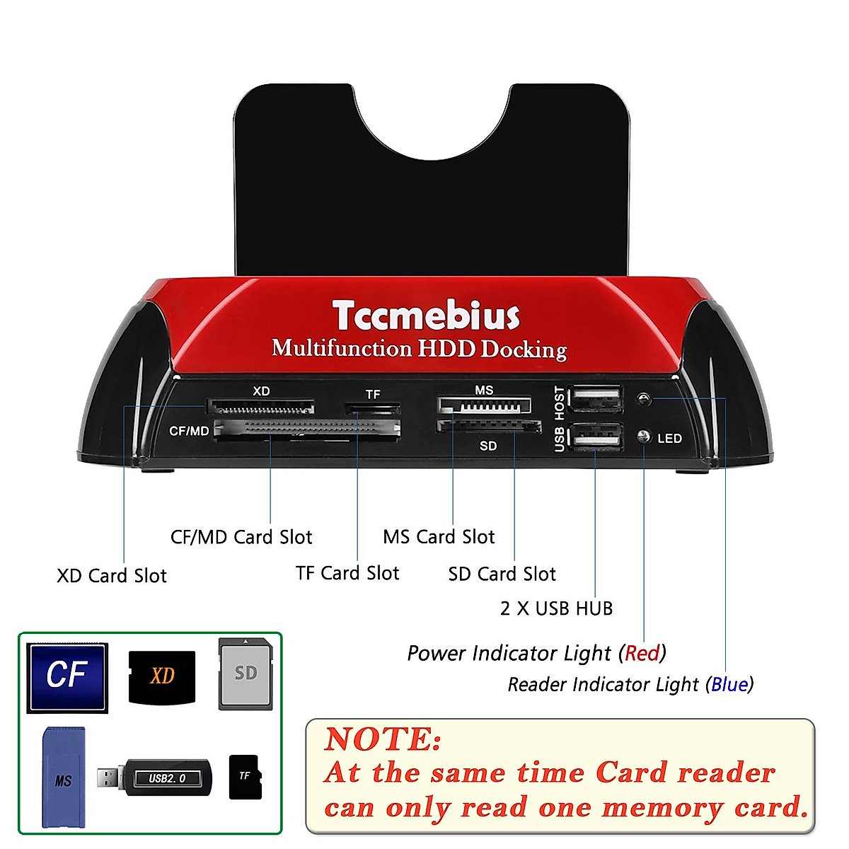 Tccmebius Hard Drive Docking Station, TCC-S862-US USB 2.0 to 2.5 3.5 Inch SATA IDE Dual Slots External Enclosure with All in 1 Card Reader and USB 2.0 Hub for 2.5" 3.5" IDE SATA I/II/III HDD SSD