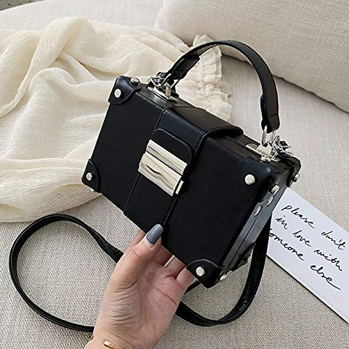 Van Caro Women Evening Clutch Bag,PU Leather Square Box Shoulder Handbag for Wedding Party Tote Purse Black