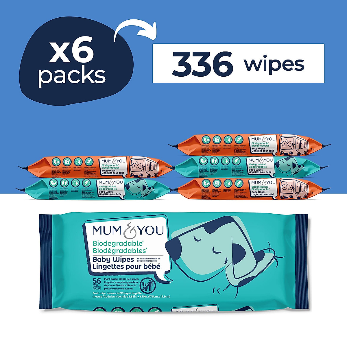 Mum & You Biodegradable Compostable Vegan Registered Plastic Free Baby Wet Wipes with Recyclable Packaging, 99.4% Water, 0% Plastic, Hypoallergenic & Dermatologically Tested (Pack of 6)