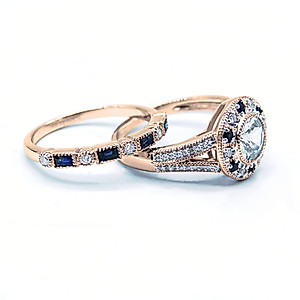 Dazzlingrock Collection 6mm Centre Round Aquamarine with Round White Diamond & Baguette Alternating Blue Sapphire Halo Miligrain Wedding Ring Set for Women in 10K Rose Gold Size 9.5