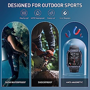PUREROYI Military Smart Watches for Men,1.95'' 5ATM Waterproof Watch with Bluetooth Call (Answer/Make Calls), 123 Sports Modes Fitness Tracker Tactical Smartwatch for iPhone Android Phone
