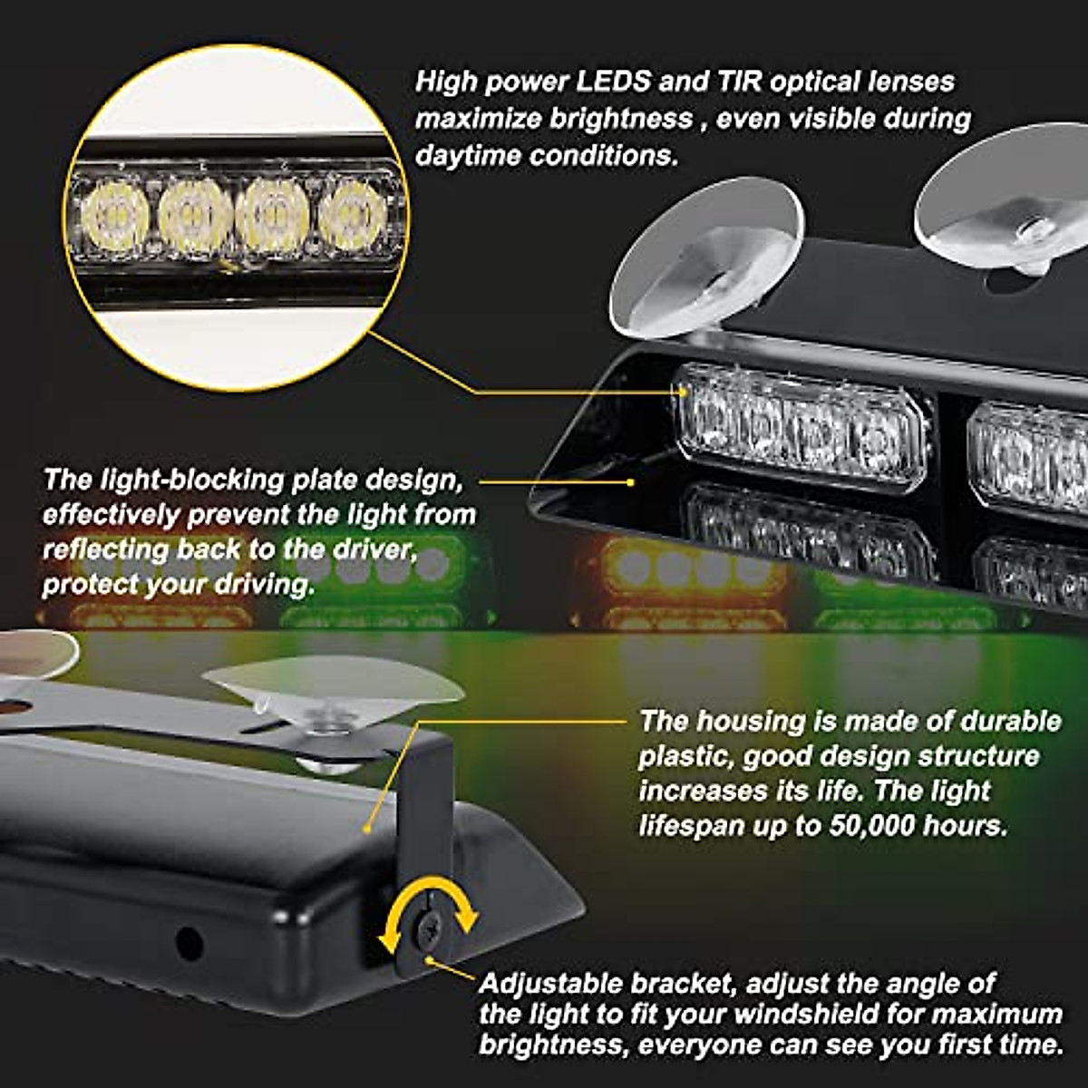ASPL 2 in 1 Dash Emergency Strobe Lights 2x7.2 Inch 16LED Interior Front/Rear Windshield Safety Deck Split Light Bar Hazard Flashing Warning Traffic Lights For Trucks Vehicles Cars(Amber/Green)