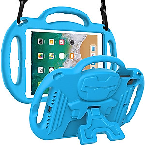 LTROP Kids Case for iPad 5th/6th Generation (2017/2018) & Air 2, Shoulder Strap Handle Stand Shockproof Bumper Cute Kid Case for iPad 9.7 Inch, Blue