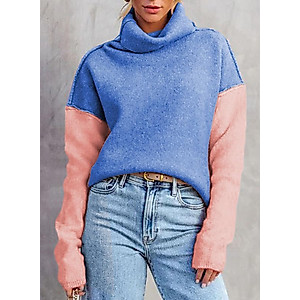 Dokotoo Sweaters for Women 2024 Winter Cowl Neck Side Split Oversized Pullover Tops Batwing Long Sleeve Color Block Knitted Sky Blue Sweater Pullover Tops XX-Large