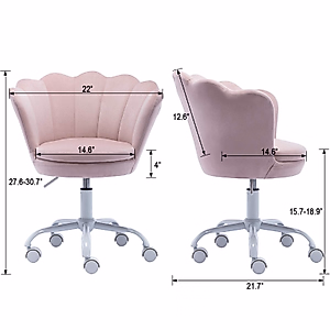 DM Furniture Adjustable Kids Desk Chair Cute Reading Computer Chair for Students Modern Upholstered Velvet Swivel Rolling Armchair for Girls Bedroom, Seashell Back (Light Pink)