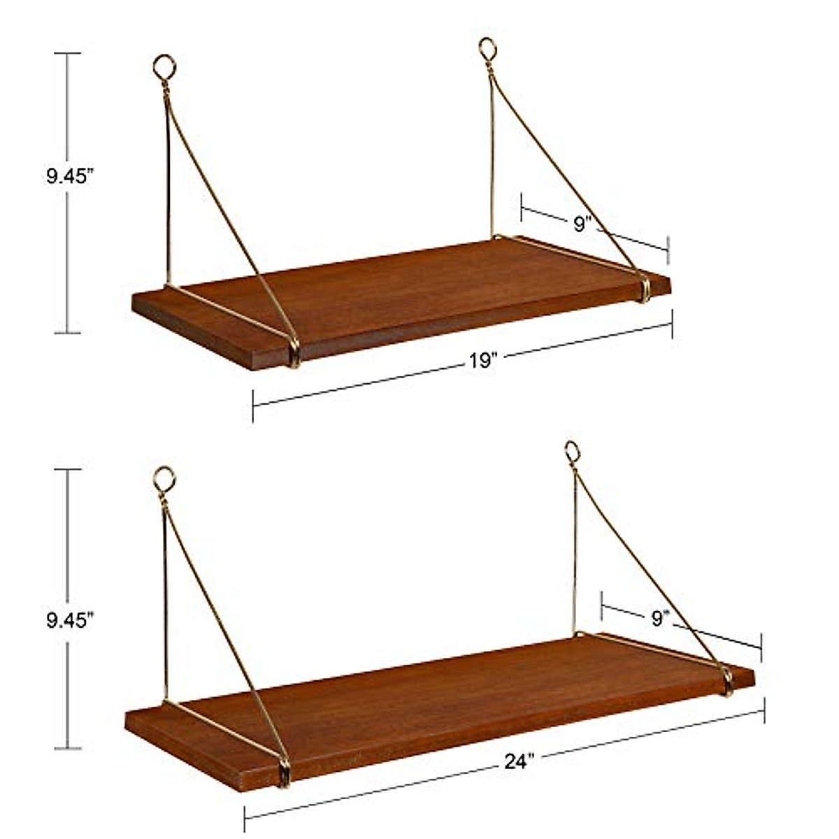 Kate and Laurel Vista Wood and Metal Wall Shelves, 2 Piece Set, Walnut Brown and Gold