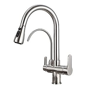 HUAHUALALA Kitchen Sink Faucet with Pull Down Sprayer 2 Handle 3 in 1 Water Filter Purifier Faucets, Brass Drinking Water Faucet Reverse Osmosis Faucet Brushed Nickel