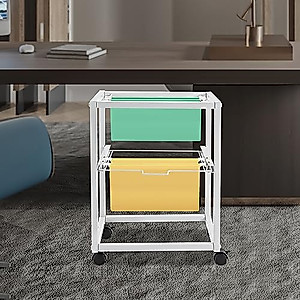 CNCEST 2 Tiers Metal Rolling File Carts, Hanging Files Movable Pull-Out File Cart, With Wheels Metal Carts, For Home Office-White