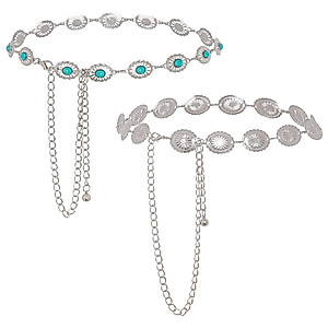 obmwang 2 Pcs Women Concho Western Chain Belts Turquoise Chain Belts Adjustable Metal Waist Belt for Dresses Jeans