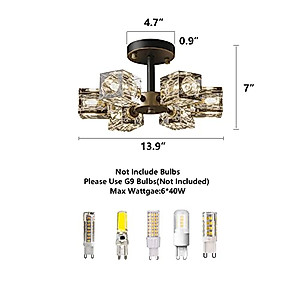 OKES Semi Flush Mount Ceiling Light,13inch Modern Black and Gold Crystal Chandeliers,6-Lights Industrial Sputnik Chandeliers for Bedroom,Kitchen,Hallway,brthroom,entryway,Dining Room