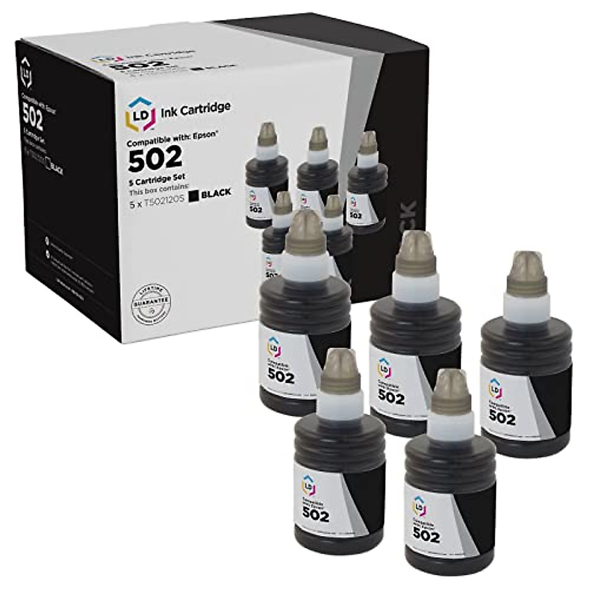 LD Products Compatible Ink Bottle Replacement for Epson 502 T502120-S (5 Pack - Black) Compatible with Epson ET Series, Epson Expression and Epson Workforce