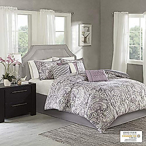Madison Park Gabby Sateen Cotton Comforter Set, Breathable, Soft Cover, Trendy, All Season Down Alternative Cozy Bedding with Matching Shams, Queen (90 in x 90 in), Paisley Lavender/Grey 7 Piece