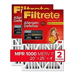Filtrete NADP03-2PK-2 08189005996 MPR 1000 20 x 25 x 4 (4-3/8 Actual Depth) Micro Allergen Defense Deep Pleat HVAC Air Filter, Uncompromised Airflow, 2-Pack, 20x25x4, No Color, 2 Count