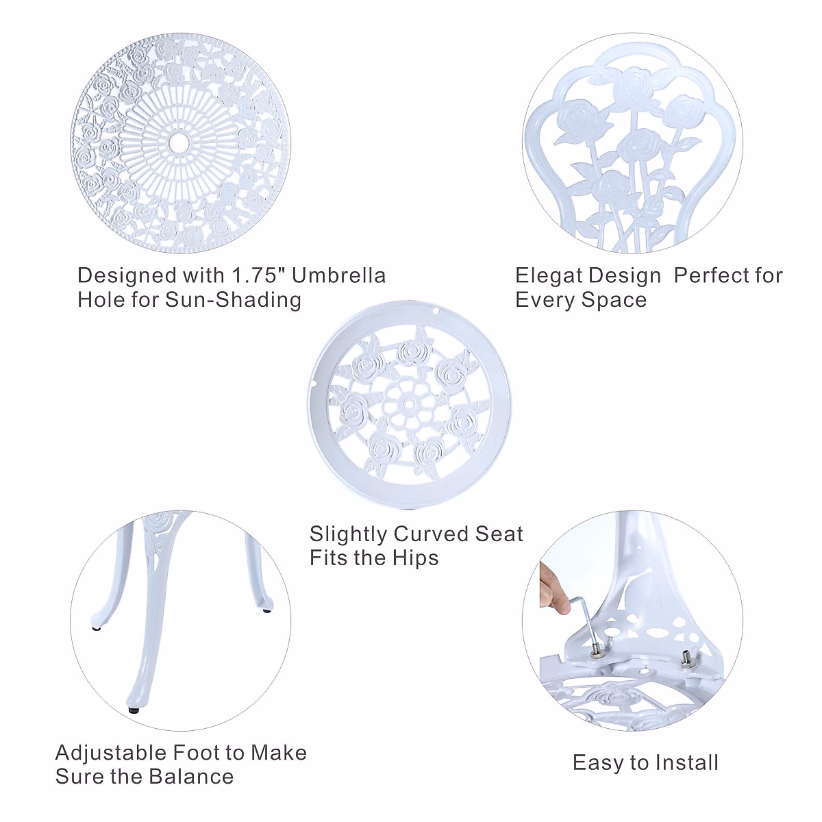 C/G 3 Piece Bistro Set,Outdoor Patio Set,Anti-Rust Cast Aluminum Bistro Table Set for Park Yard Front Porch Furniture(White)