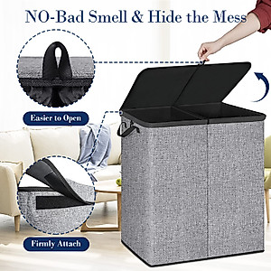 Pheswisom 150 L Extra Large Laundry Hamper with Lid, Double Laundry Hamper 2 Section with Removable Bags, Dirty Clothes Hamper for Storage Sorter, Dual Laundry Hamper for Bedroom, College, Dorm, Grey