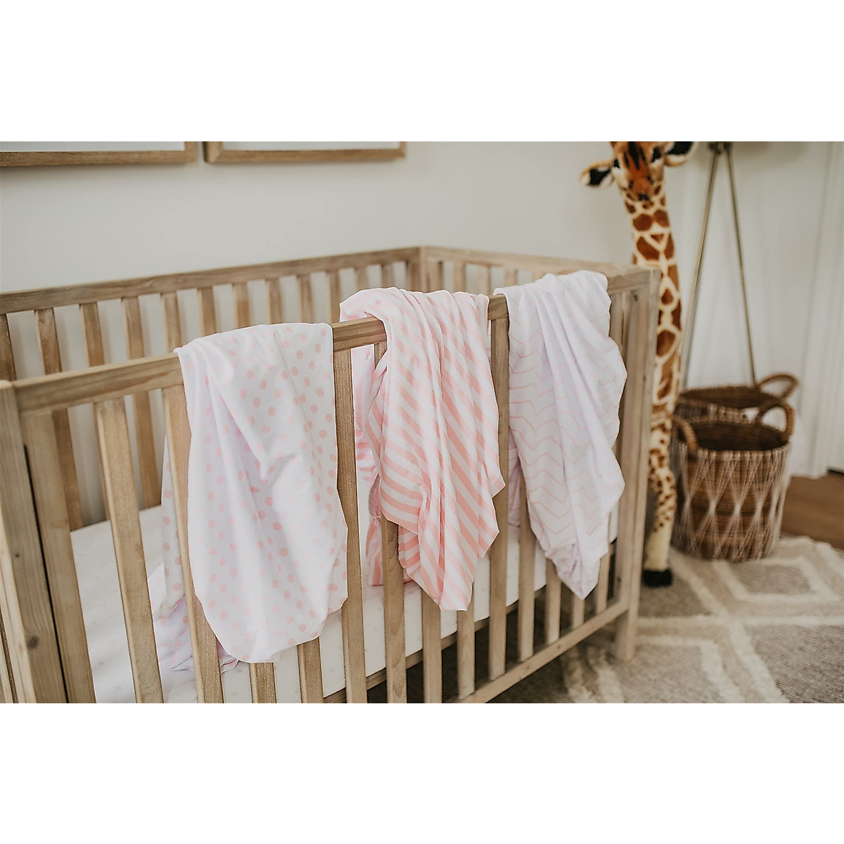 NODNAL CO. 3 Fitted Crib Sheets Pink Set for Baby Girl - 100% Oeko-TEX Cotton Nursery Bedding - Pink/White Chevron, Polka Dot, and Stripe - for Standard Baby or Toddler Crib Mattress 28”x52”x9” Sheet