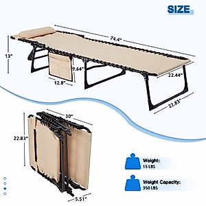 HOMREST Patio Chaise Lounge Chair, Folding Recliner Adjustable Lounge Chair with Detachable Pocket and Pillow, Lightweight Pool Lounge Chairs for Outdoor Beach Lawn and Sunbathing（Khaki）