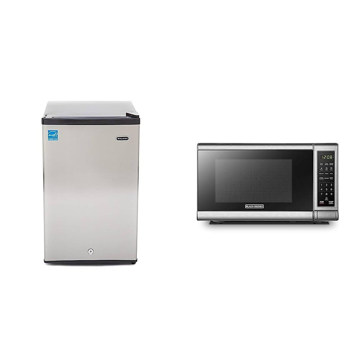 Whynter CUF-210SS Mini, 2.1 Cubic Foot Energy Star Rated Small Upright Freezer with Lock, Stainless Steel, Black & BLACK+DECKER EM720CB7 Digital Microwave Oven with Turntable Push-Button Door, Child