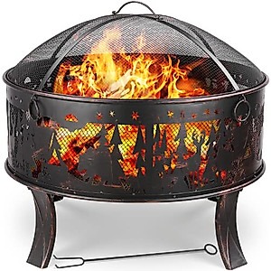 Portable Fire Bowl 27 Inch Fire Pit, Outside Fire Pit, Garden Fireplace with Spark Guard, Poker & Charcoal Grate, Fire Pits for Patio Camping Backyard Balcony, Elk Pattern