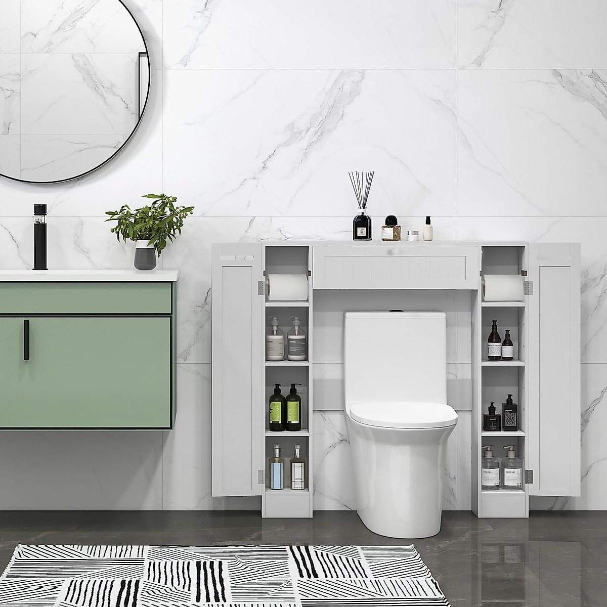 Tangkula Over The Toilet Storage Cabinet, Bathroom Space Saver w/Adjustable Shelves & Paper Holder, Freestanding above Toilet Organizer w/ 2 Side & Pull-Down Door for Bathroom Storage (White)