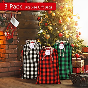 Aboofx 3 Pack Extra Large Christmas Bags with Drawstring, 31.5 x 17.7 Inch Large Plaid Fabric Bags Santa Sack Present Bags Stocking Storage for Christmas Party Xmas Ornaments Supplies