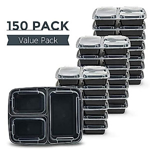 [150Pack] 32oz Meal Prep Containers, Black Plastic Container, 3 Compartment Lunch Box, Bento Box, To go Food packaging, Reuseable