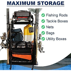 Rush Creek Creations, Fishing Rod Holder for 12-Rods, Fishing Pole Holder for Garage, for Fishing Gear, Pole, Rod, Tackle Box, Holistic Fishing Rod Storage, 12 Freshwater Rod Clips, Big Wheels, Black