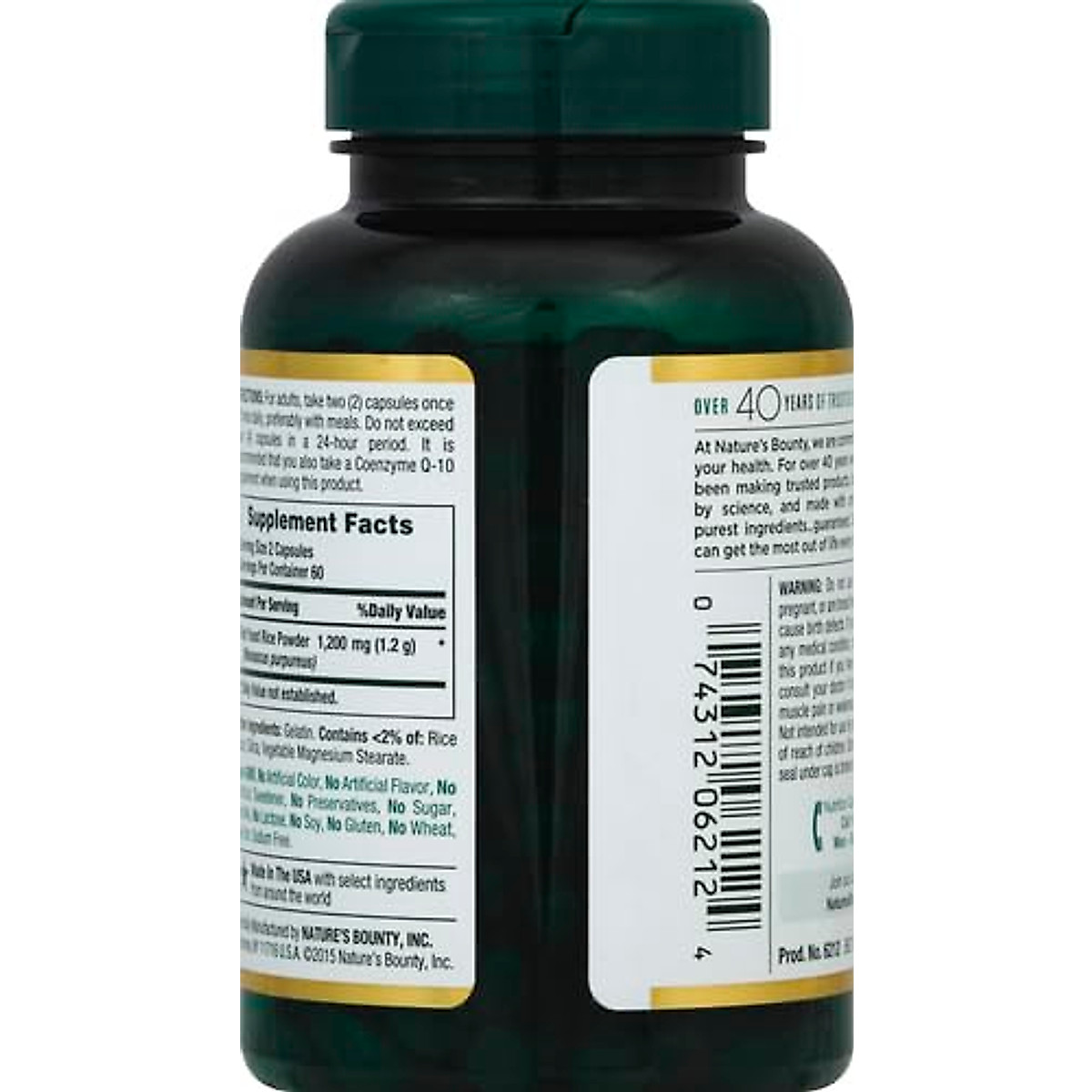 Nature's Bounty Red Yeast Rice Pills and Herbal Health Supplement, Dietary Additive, 600mg, 120 Capsules