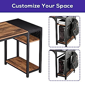 It's_Organized Reversible L Shaped Desk with Monitor Stand,58x47 inch Corner Desk,Study Writing Computer Table with Storage Shelves for Home Office,Rustic Brown/Black