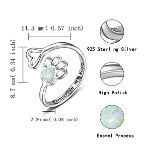 Opal Pet Lovers Paw Print Ring Heart 925 Sterling Silver Adjustable Puppy Cat Ring Animal Jewelry Love Dog Claw Ring Pets Loving Friend Families Gifts (White)