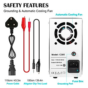 FEITA C305 DC Power Variable Supply Adjustable 30V 5A High Precision Bench Lab Power Supplies Programmable with Output Switch, 5V/2A USB Interface for Anodizing & Electroplating Kit